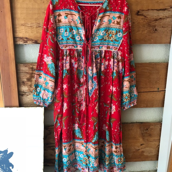 Dresses | Gypsy Ruby Lotus Long Sleeve Boho Peasant Dress Midi Floral ...